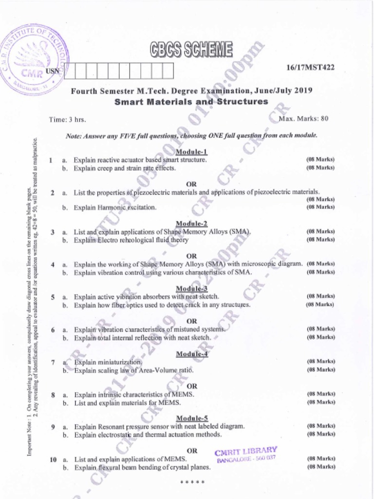 Vtu Question Paper of 16mst422 Smart Materials and Structures Jun-2019 ...