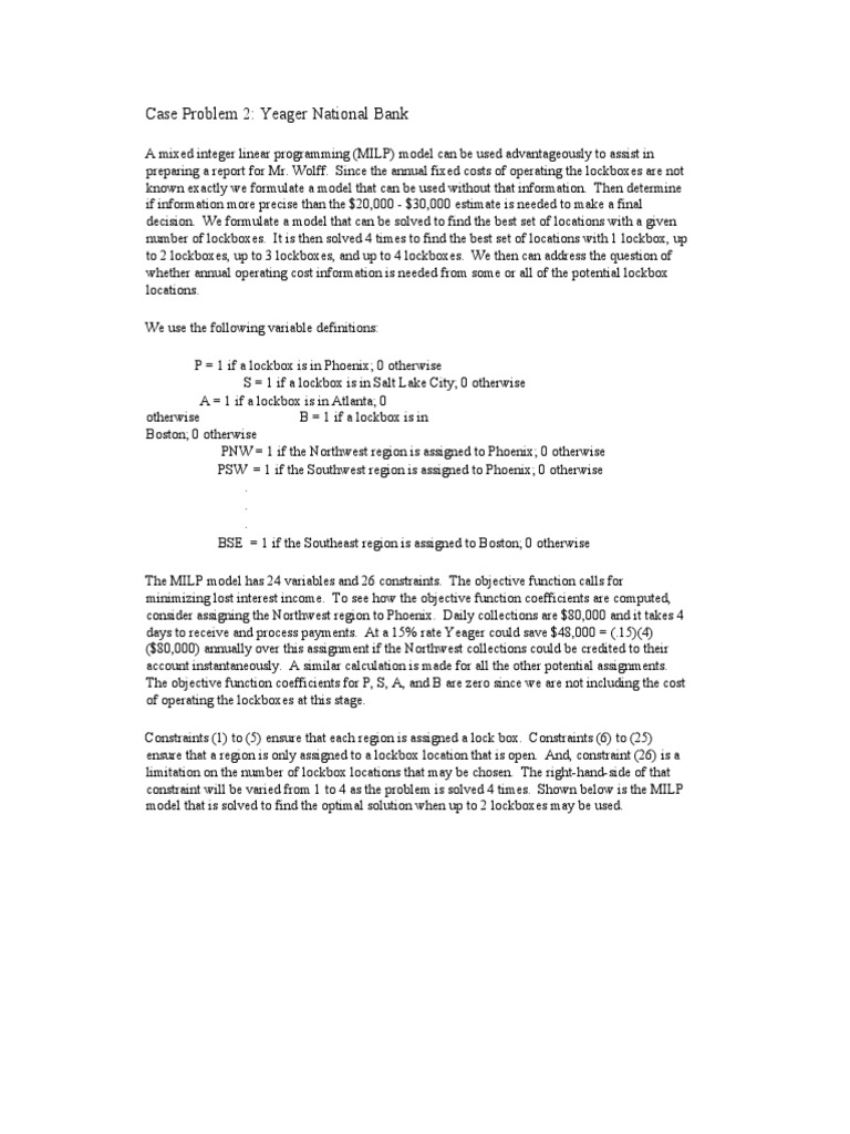 Case Problem 2 Yeager National Bank | PDF | Linear Programming | Loss ...