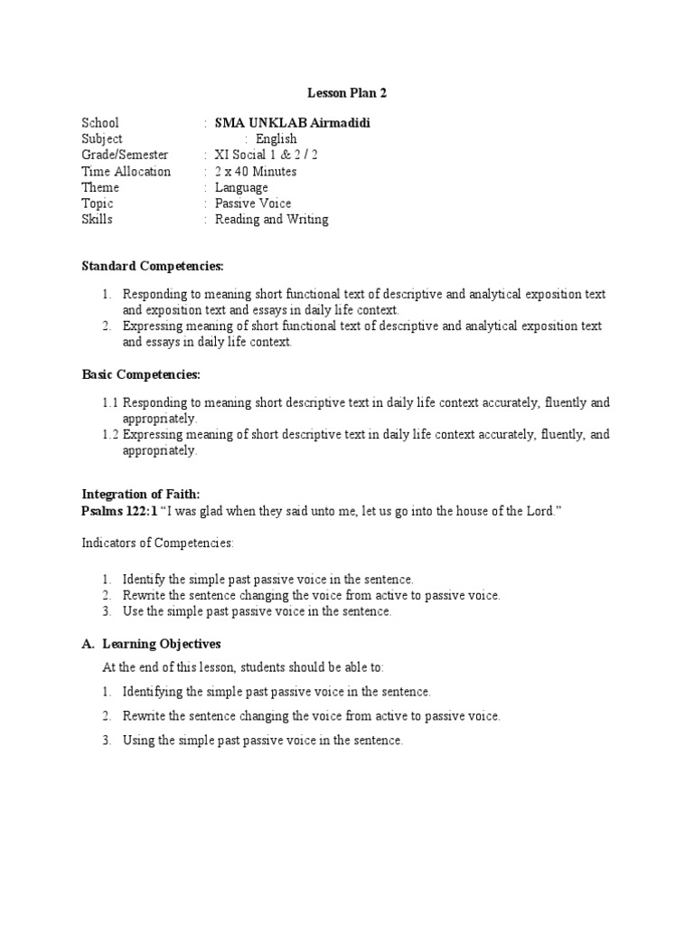 Passive Voice Lesson Plan for XI Social | PDF | Teachers | Lesson Plan