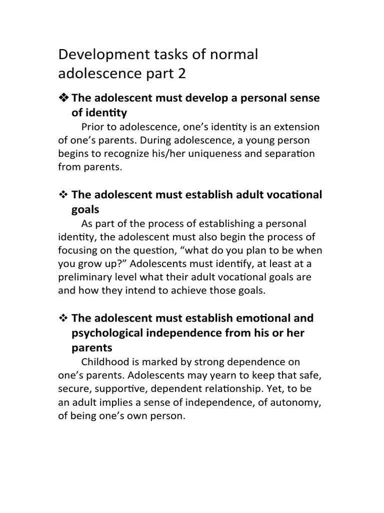 Development Tasks of Normal Adolescence Part 2 | PDF