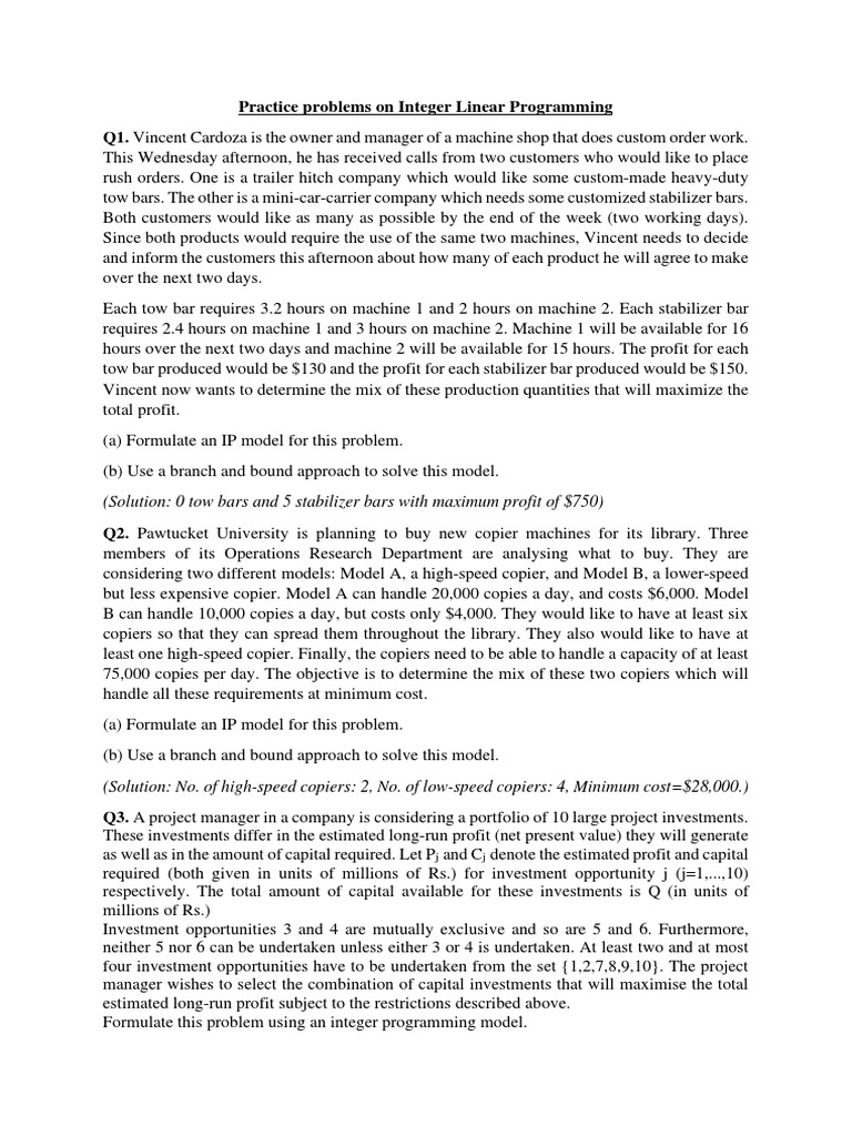 Practice Problems On Integer Linear Programming Problems | PDF | Linear ... Practice Problems On Integer Linear Programming Problems | PDF | Linear ...