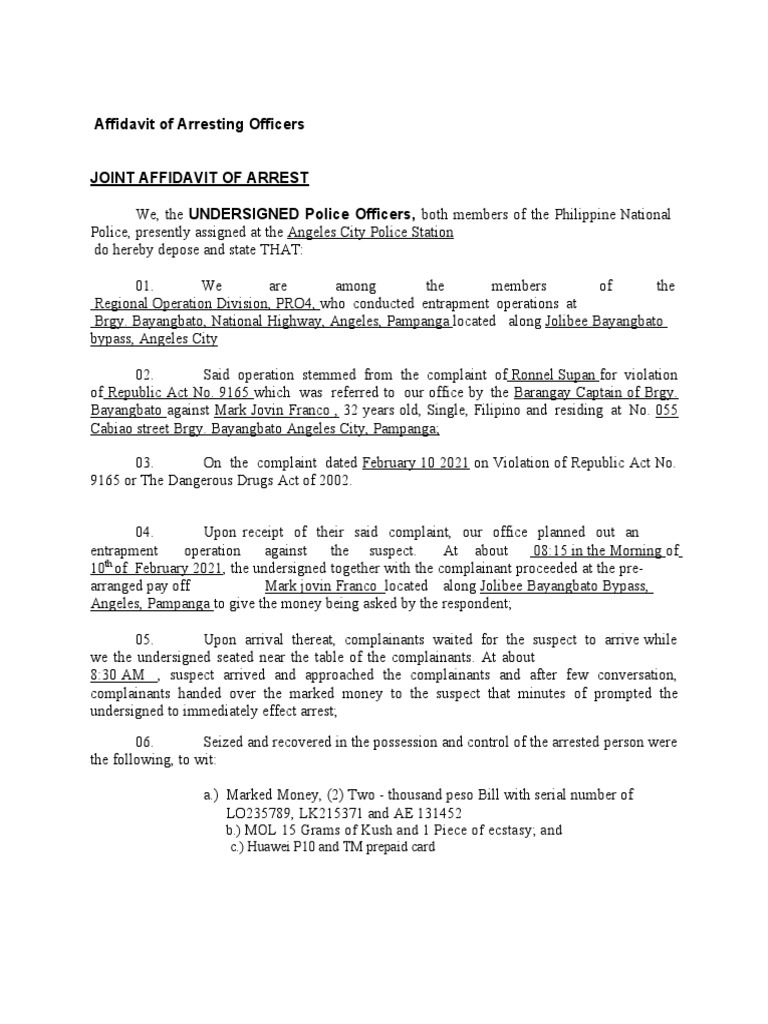 Affidavit of Arresting Officers | PDF | Affidavit | Crime & Violence