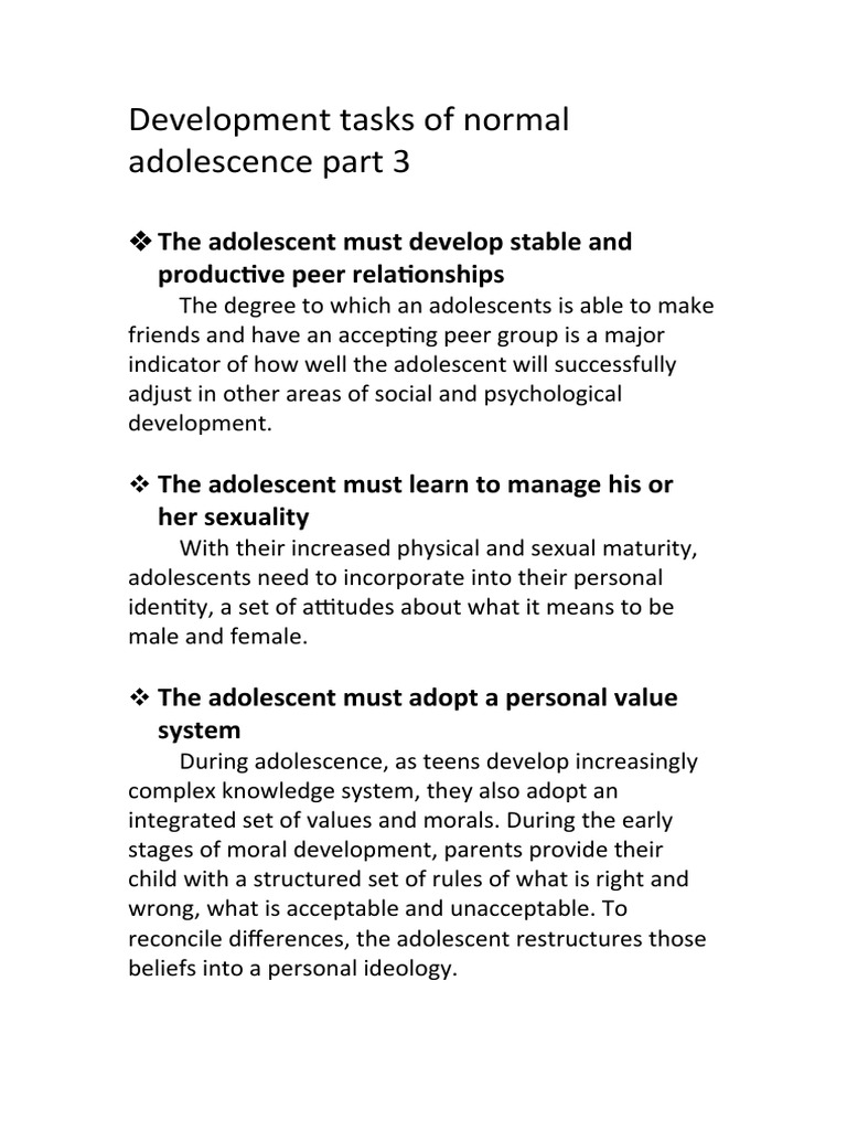 Development Tasks of Normal Adolescence Part 3 | PDF | Wellness