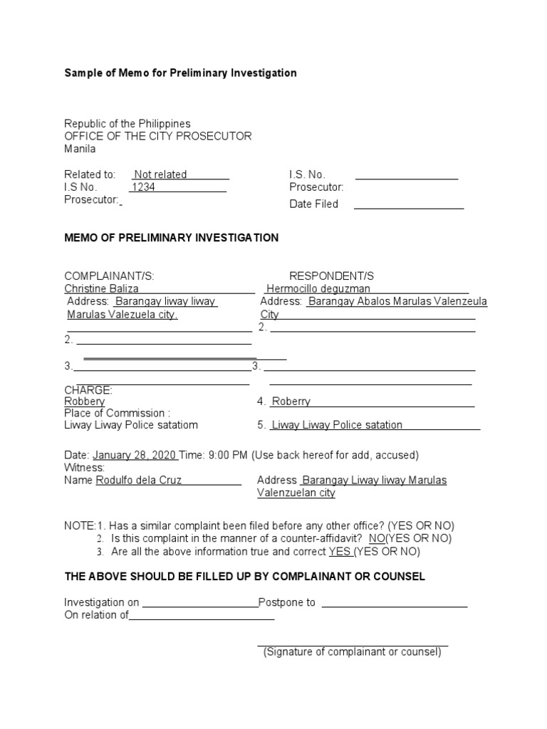 Sample of Memo For Preliminary Investigation | PDF