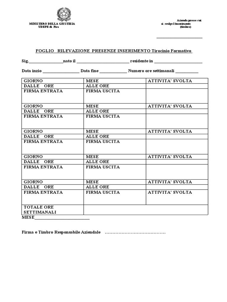 Foglio Rilevazione Presenze Tirocini Formativi Aggiornato | PDF