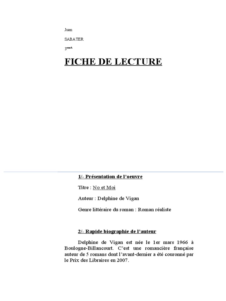 Fiche de Lecture - No Et Moi | PDF | Sans-abri
