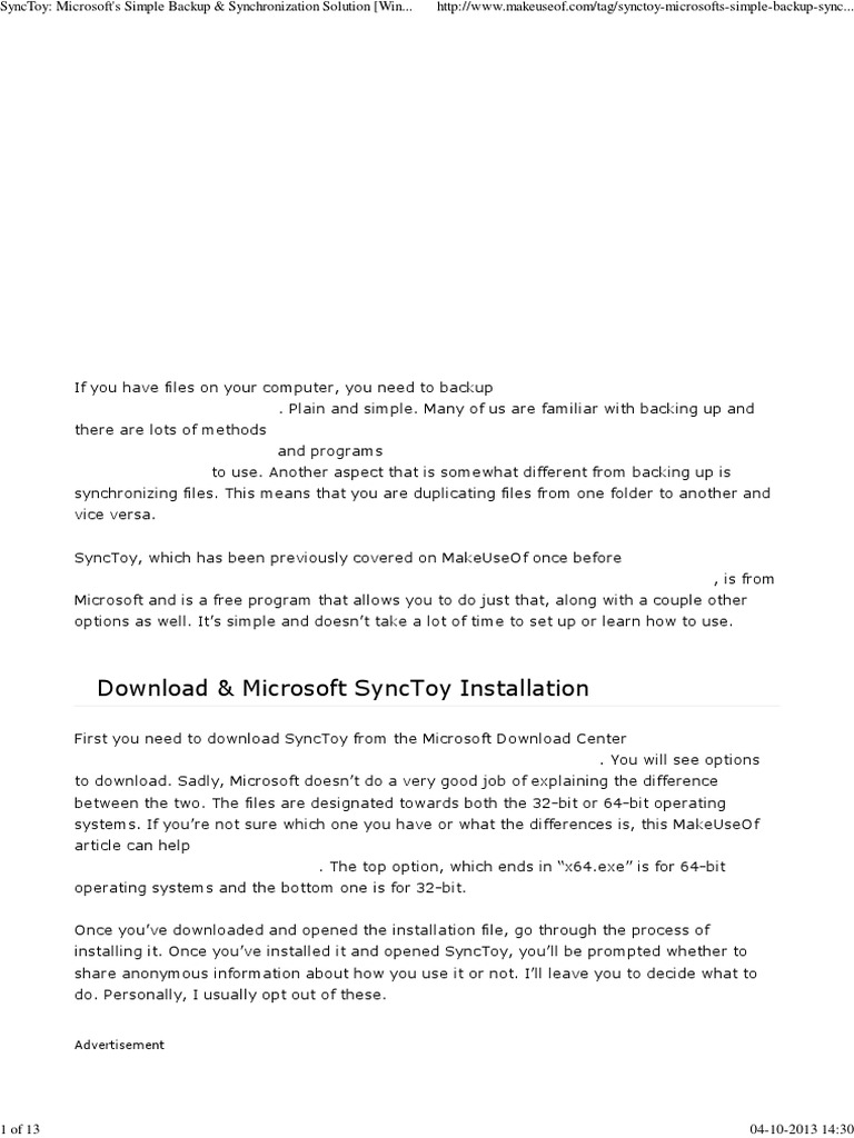 SyncToy - Microsoft's Simple Backup & Synchronization Solution (Windows) | PDF | Computer File ...