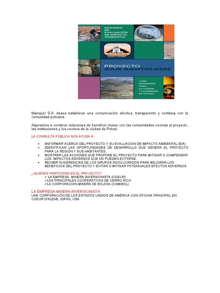 Manquiri S.A. presenta información sobre el proyecto minero San ...