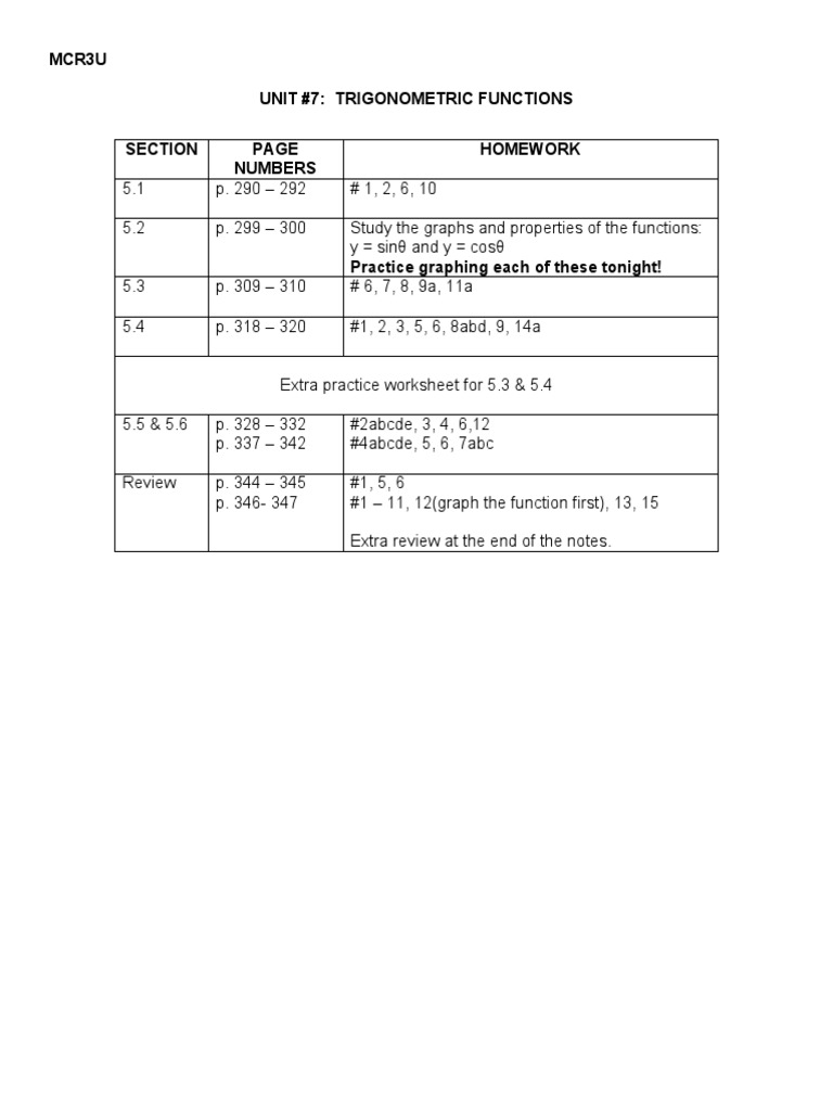 Mcr3U Unit #7: Trigonometric Functions Section Numbers Homework | PDF ...