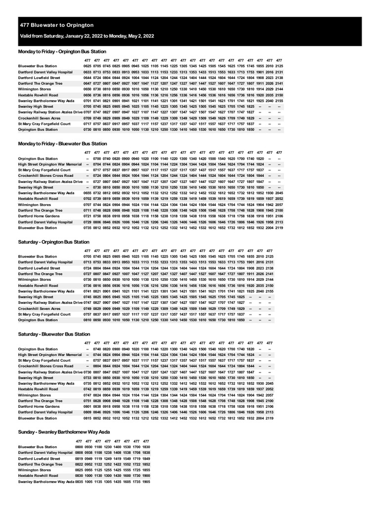 Bus 477 Timetable: Bluewater-Orpington | PDF