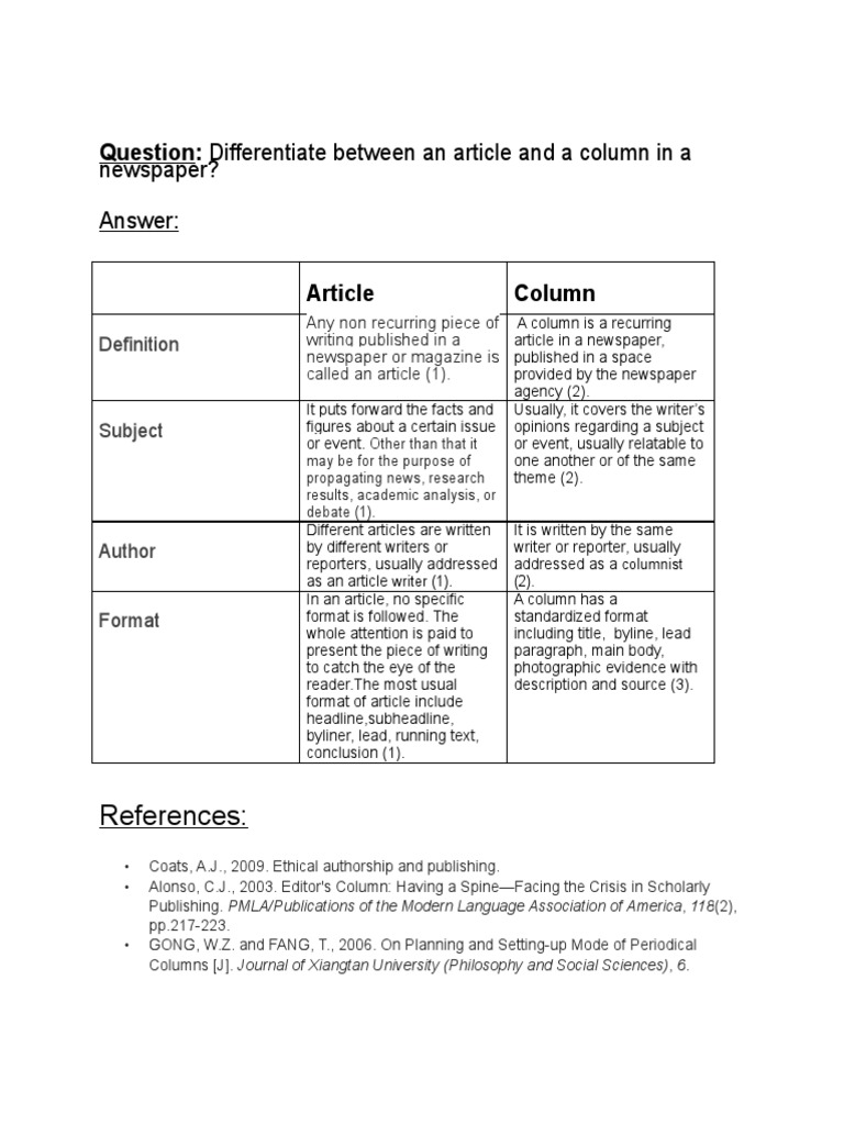 Difference Between An Article and A Column in A Newspaper. | PDF ...