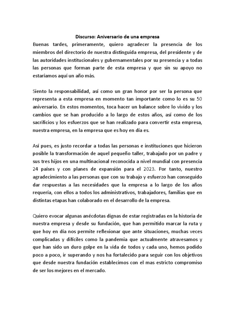 Discurso Aniversario de Una Empresa | PDF | Business | Economias