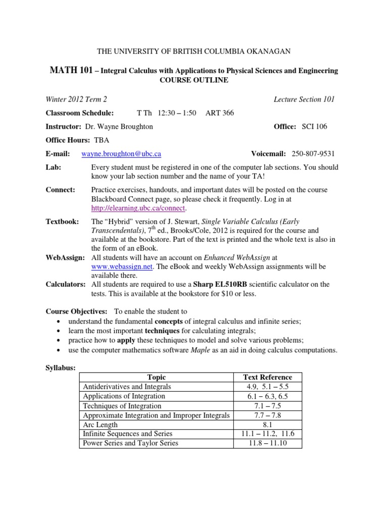 UBC Okanagan MATH 101 Course Outline | PDF | Academic Integrity | Integral