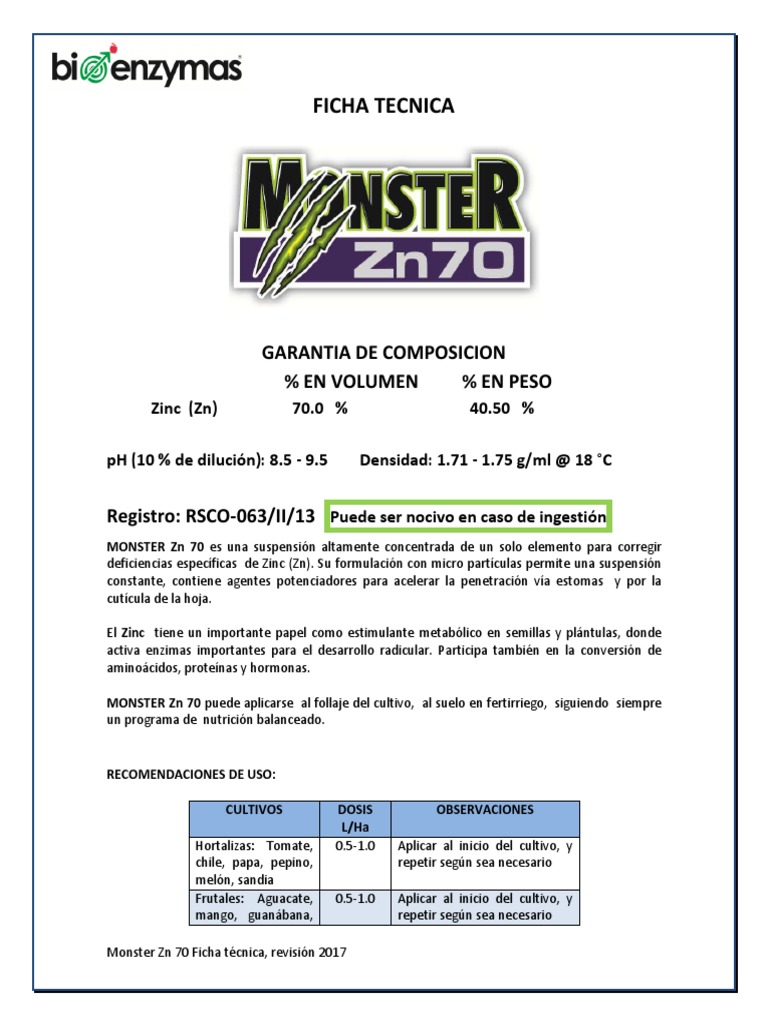 Proporcionando nutrientes esenciales: Ficha técnica para Monster Zn 70 ...