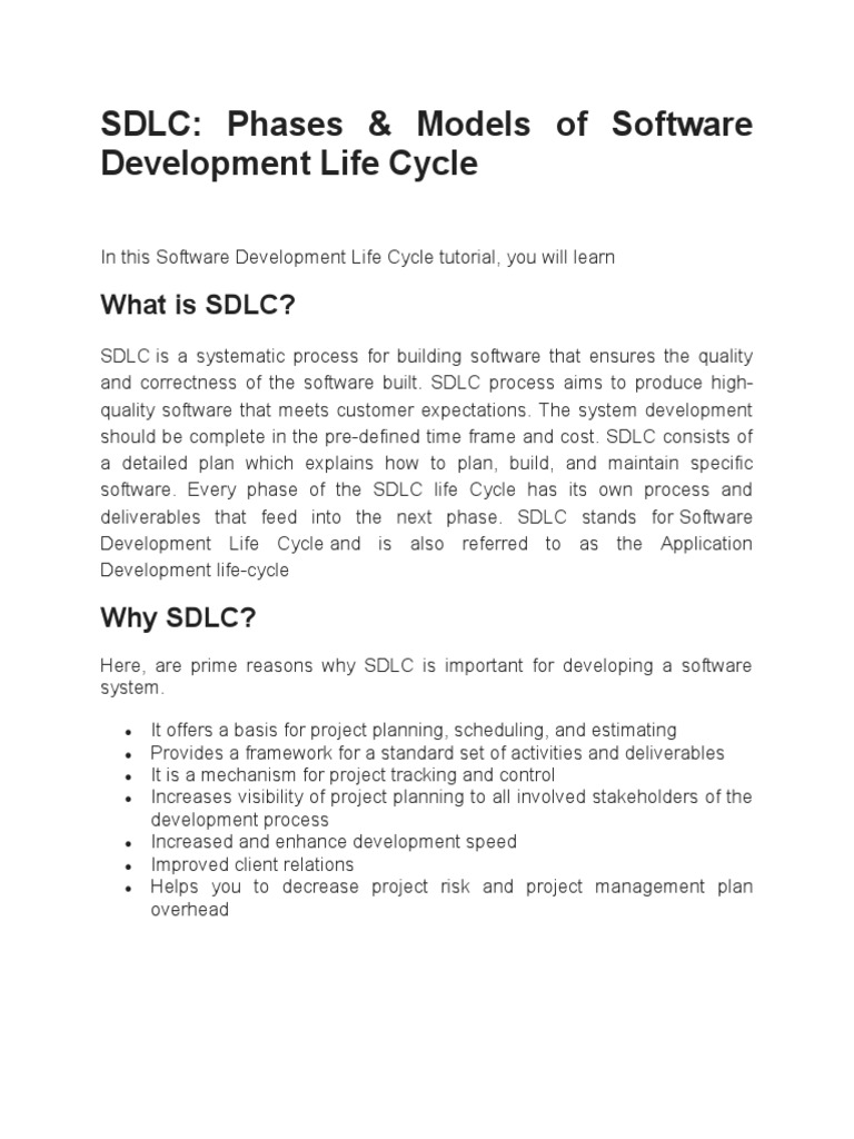 SDLC Phases & Models of Software Development Life Cycle | PDF ...