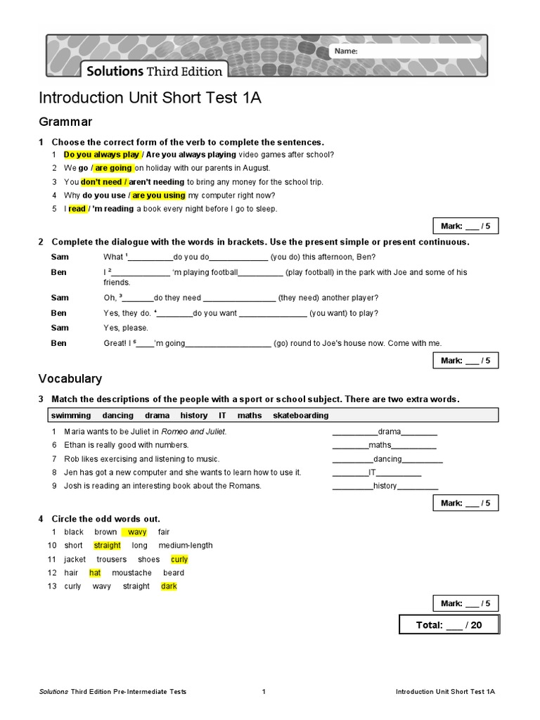 Introduction Unit Short Test 1A: Grammar | PDF