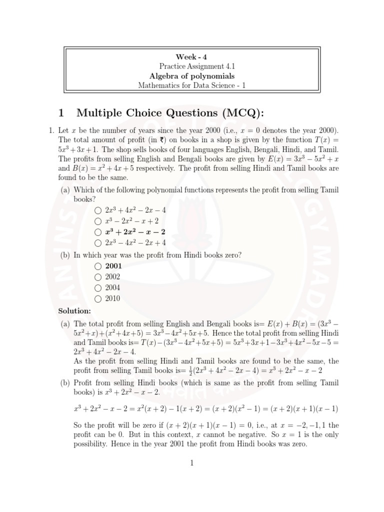 1 Multiple Choice Questions (MCQ) | PDF | Quadratic Equation | Polynomial