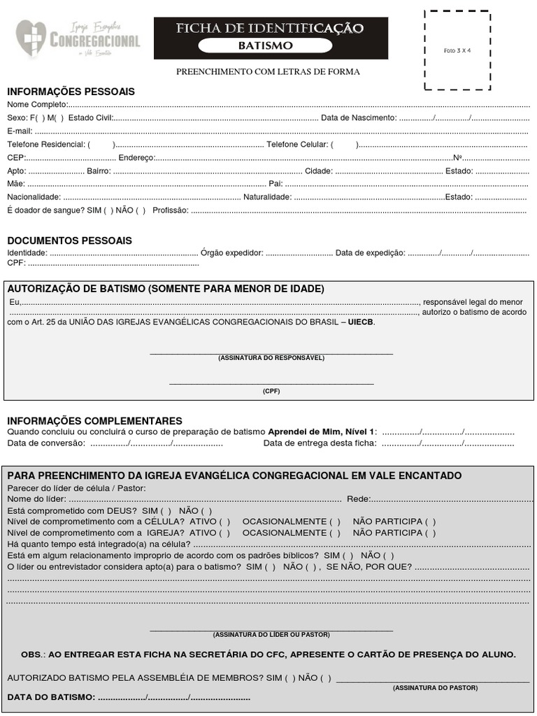 Ficha de Batismo | PDF | Igrejas congregacionais | Famílias ...