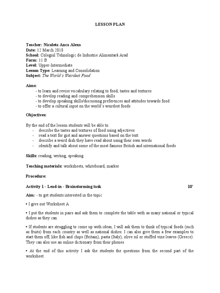 World's Weirdest Food Lesson Plan | PDF | Lesson Plan | Foods