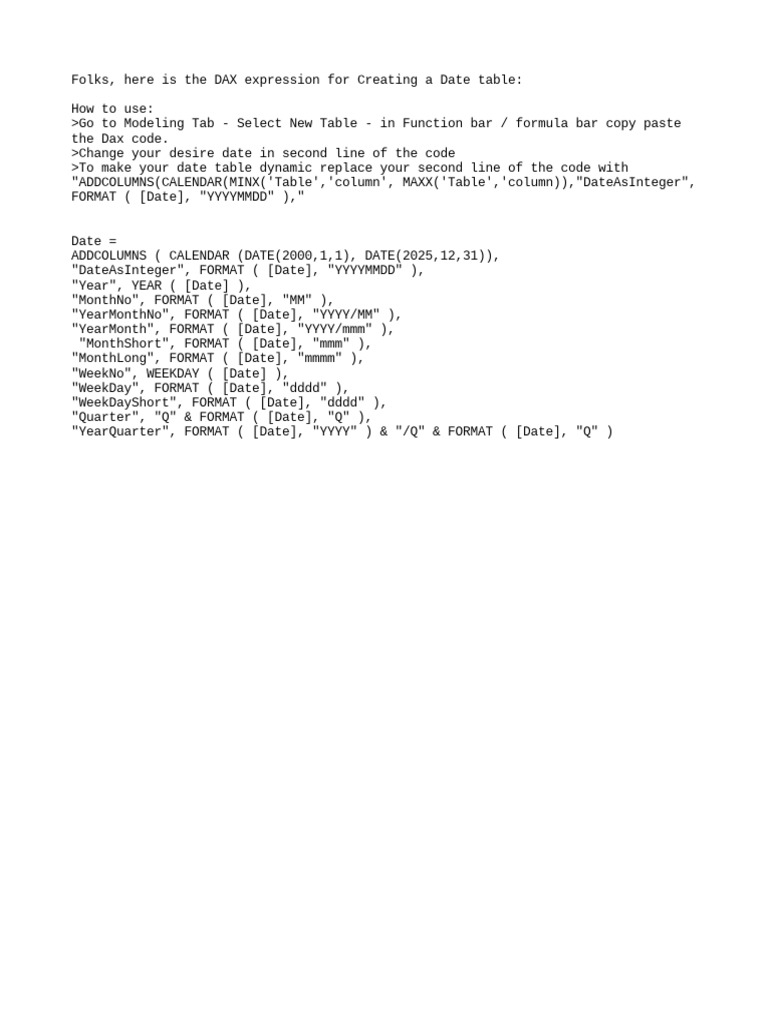 Dax Date Table | PDF