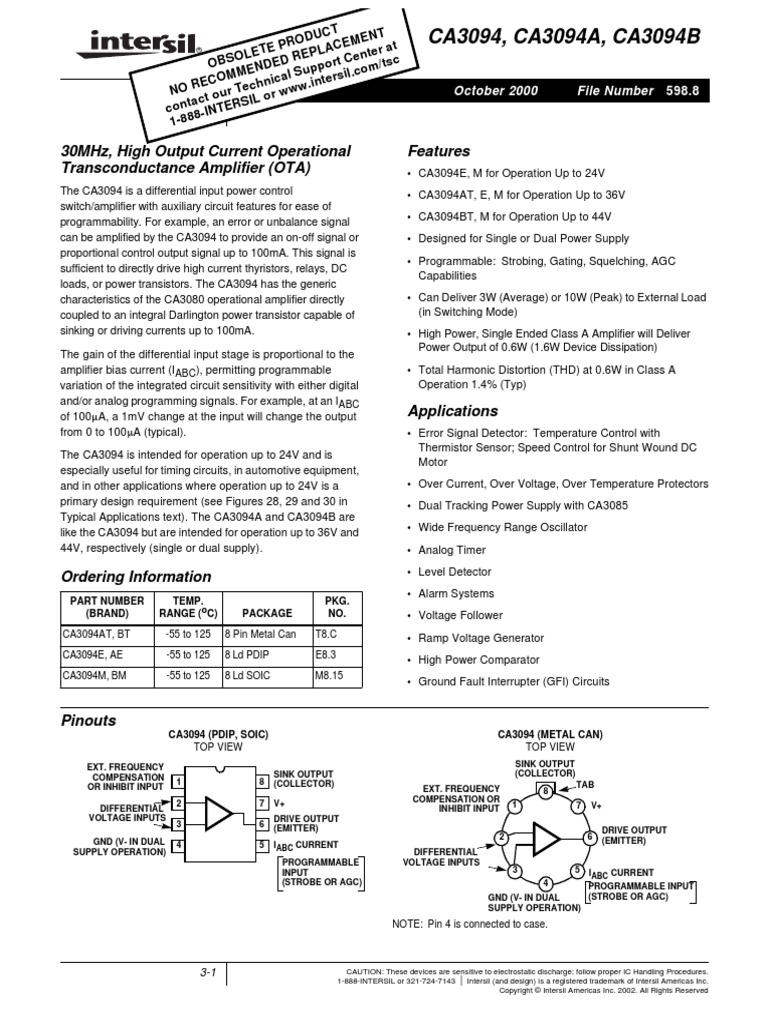 CI CA3094B Datasheet | PDF | Amplifier | Power Supply