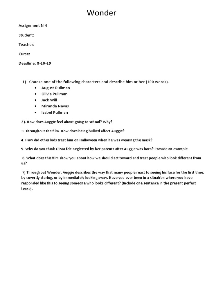 Wonder: Assignment N 4 Student: Teacher: Curse: Deadline: 8-10-19 | PDF