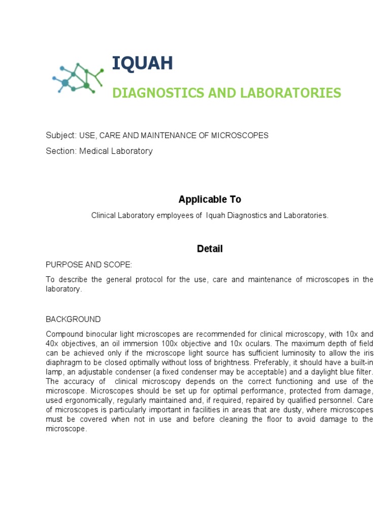 Microscope Use and Maintenance SOP | PDF | Microscopy | Microscope