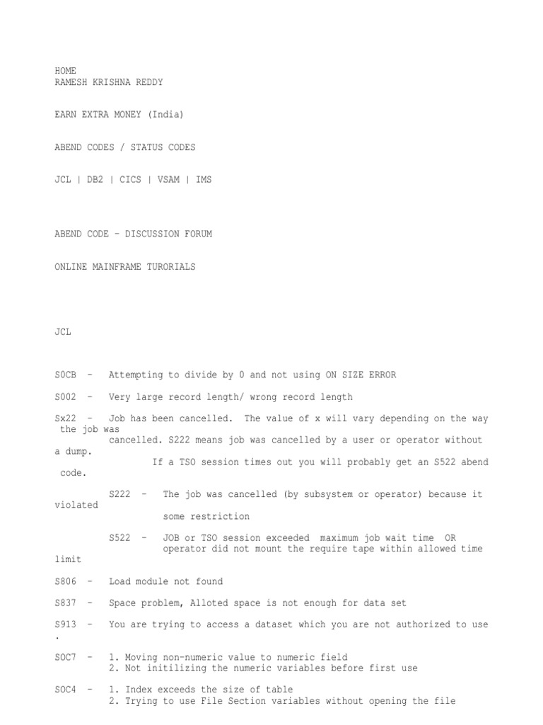 Abend Codes In Mainframe Pdf Computer Data Software Engineering