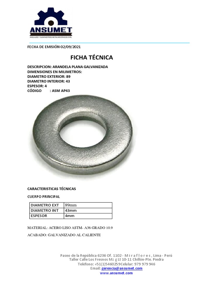 FICHA TECNICA Arandela Plana 43mm | PDF