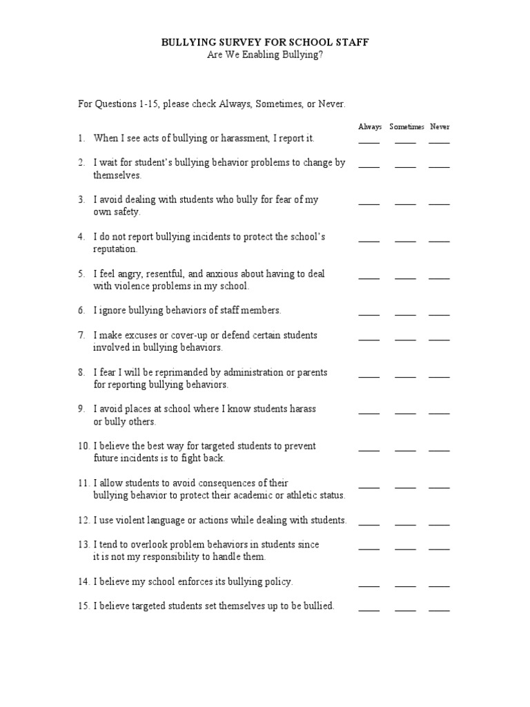 BullyingSurvey SchoolStaff | PDF | Bullying | Problem Behavior