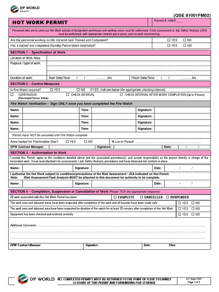 02 Hot Work Permit | PDF | Welding | Construction