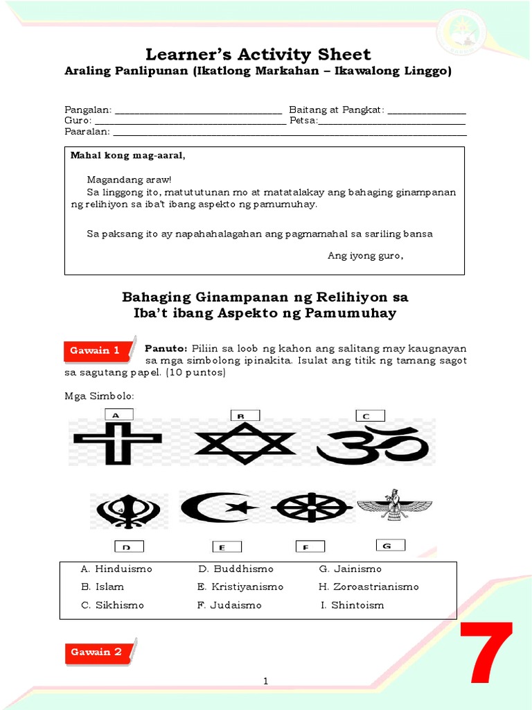 Learner's Activity Sheet: Bahaging Ginampanan NG Relihiyon Sa Iba't ...