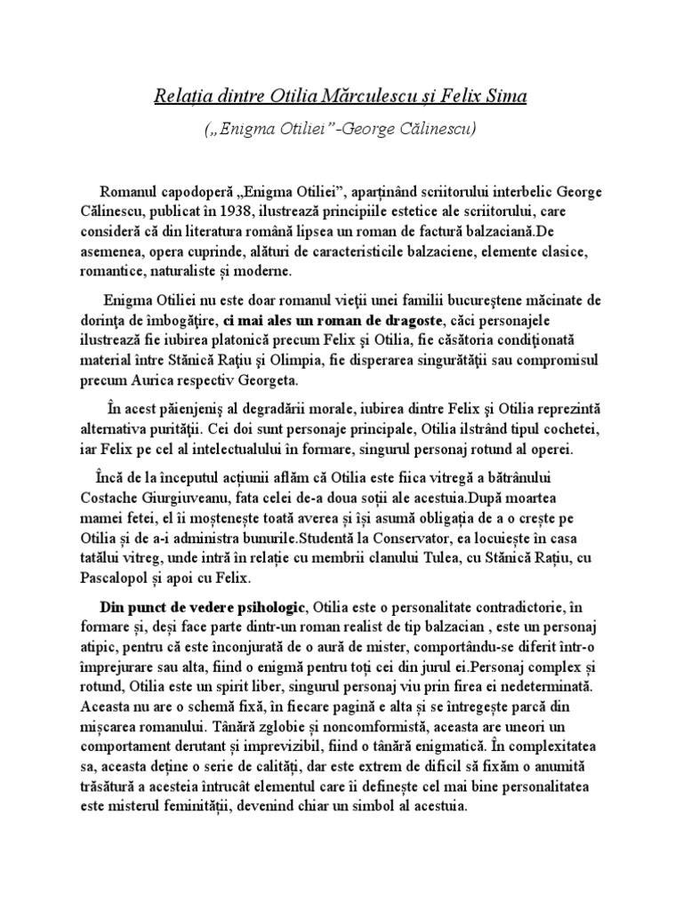 Relația Dintre Otilia Mărculescu Și Felix Sima | PDF