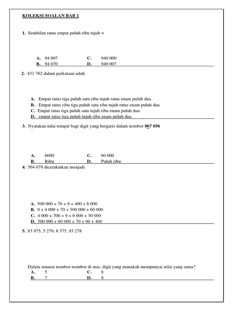 Koleksi Soalan Bab 1 Math | PDF