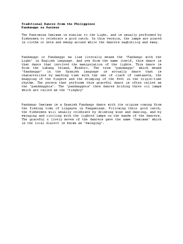 Traditional Dances From The Philippines Pandanggo Sa Oasiwas | PDF