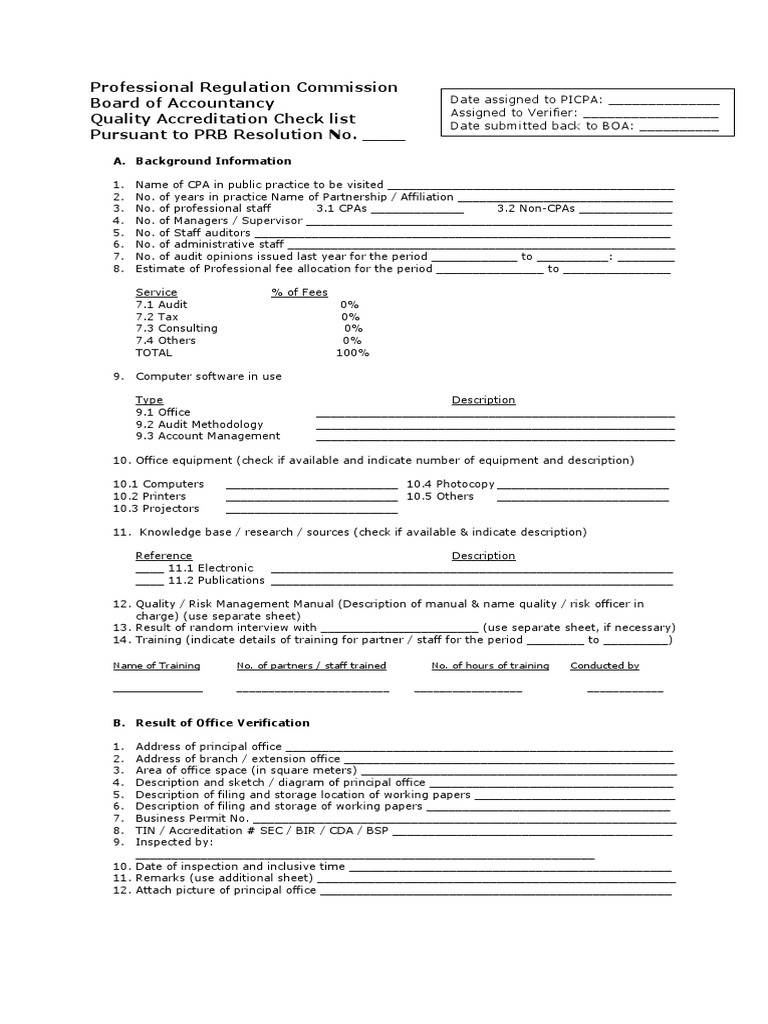 PRC Board of Accountancy Quality Checklist | PDF | Audit | Certified Public Accountant