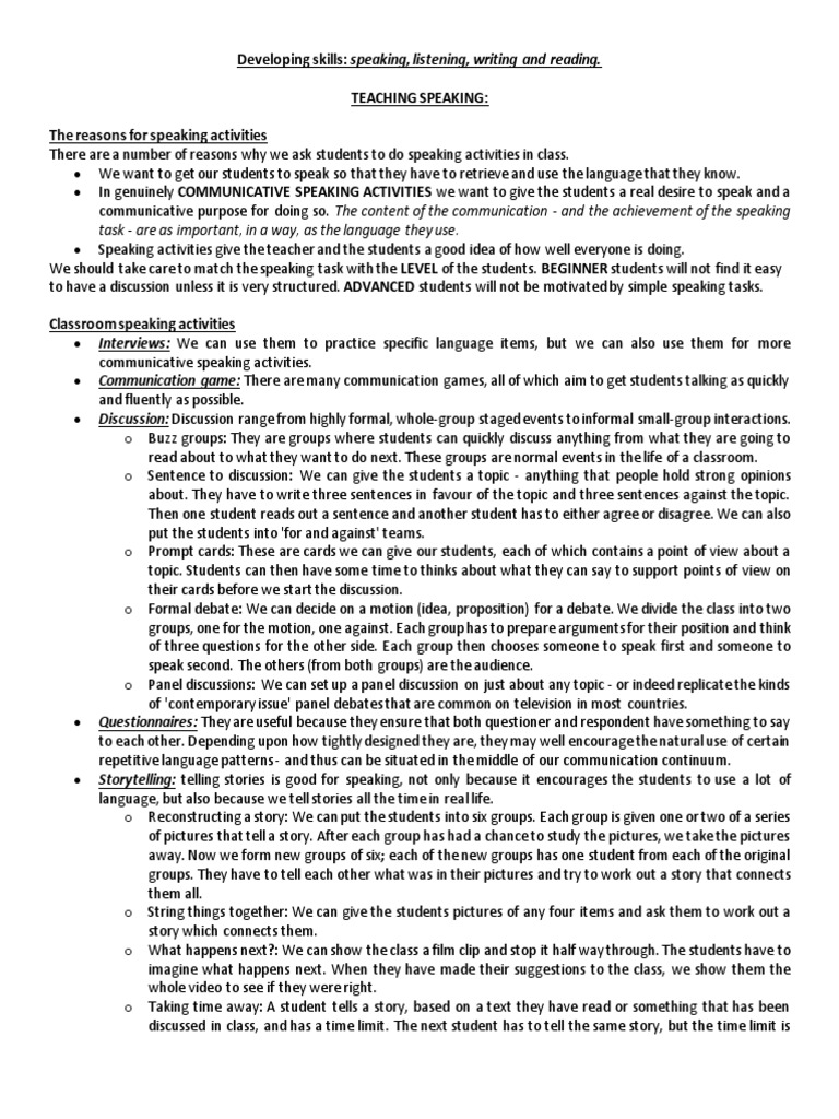 Developing Skills Speaking, Listening, Writing and Reading. | PDF ...