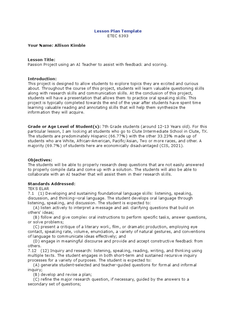 Your Name: Allison Kimble: Lesson Plan Template | PDF | Critical ...
