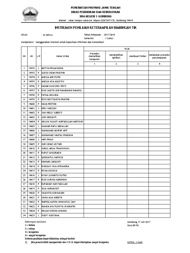 Nilai Keterampilan Kls Xi Smt-1 | PDF