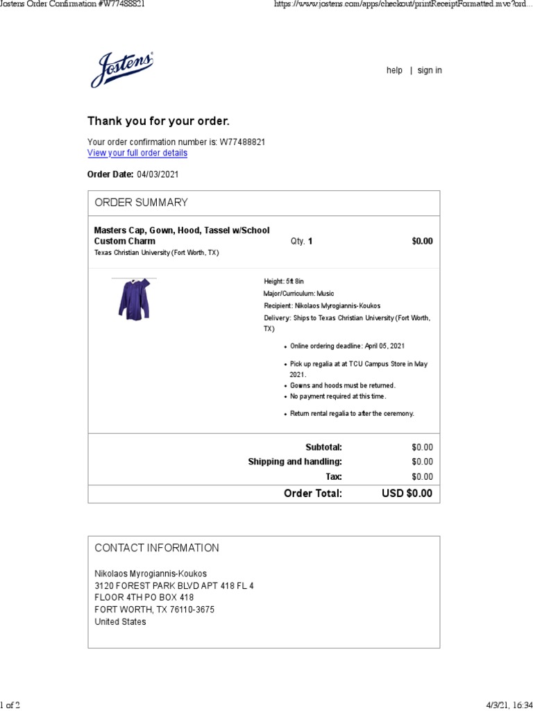 TCU Graduation Regalia Order Confirmation | PDF | Payments