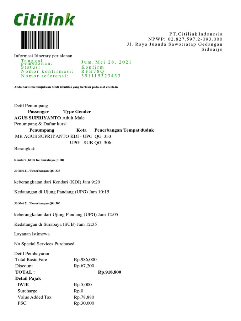 Contoh Tiket Pesawat Kendari Surabaya Citilink 30 Mei - Kdi Sub - Agus ...