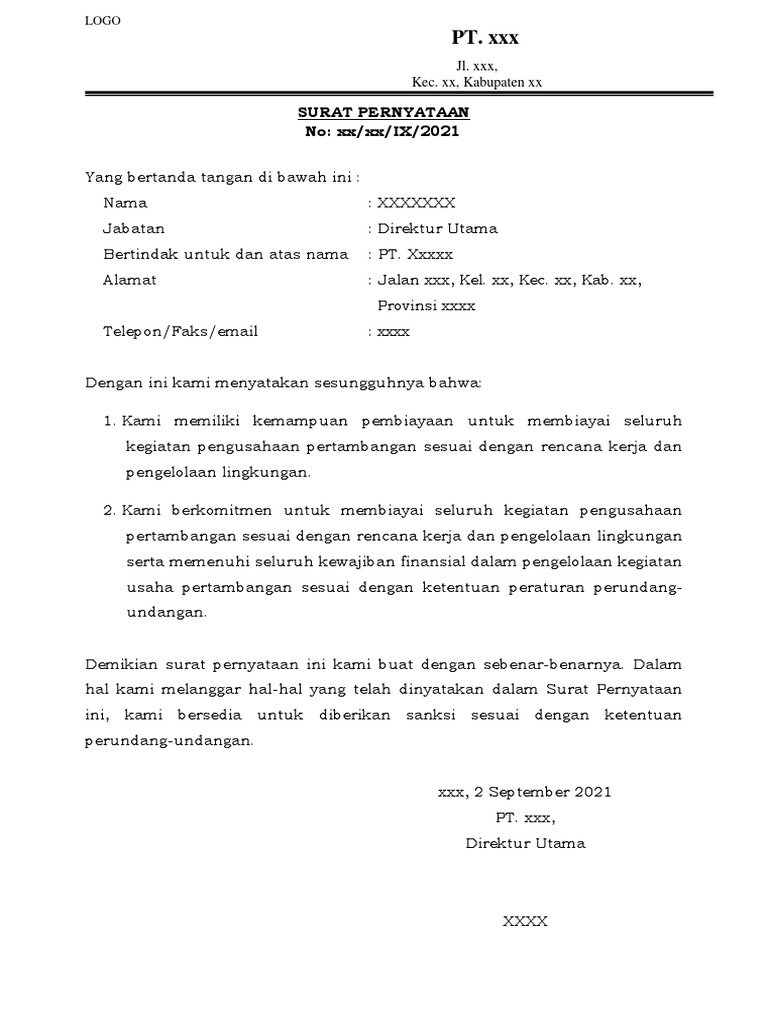 Contoh Surat Kesanggupan Pendanaan | PDF
