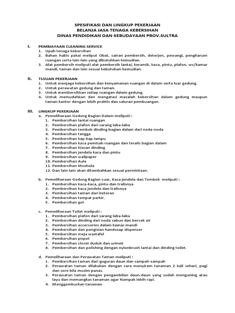 Spesifikasi Cleaning Service | PDF