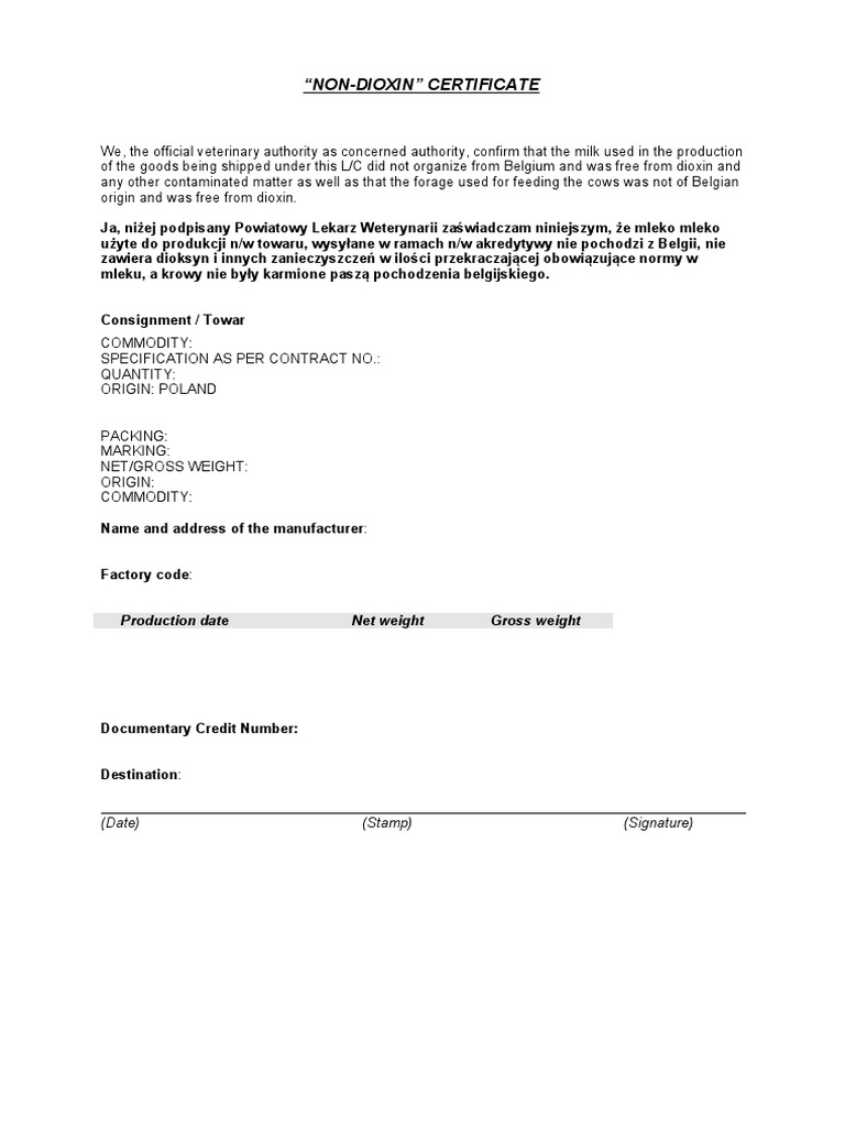 NON DIOXIN Certificate | PDF