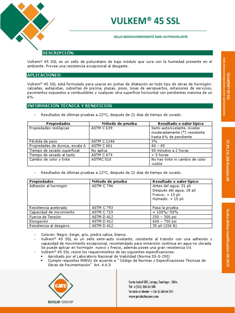 Vulkem 45 SSL - Ficha | PDF | Hormigón | Agua