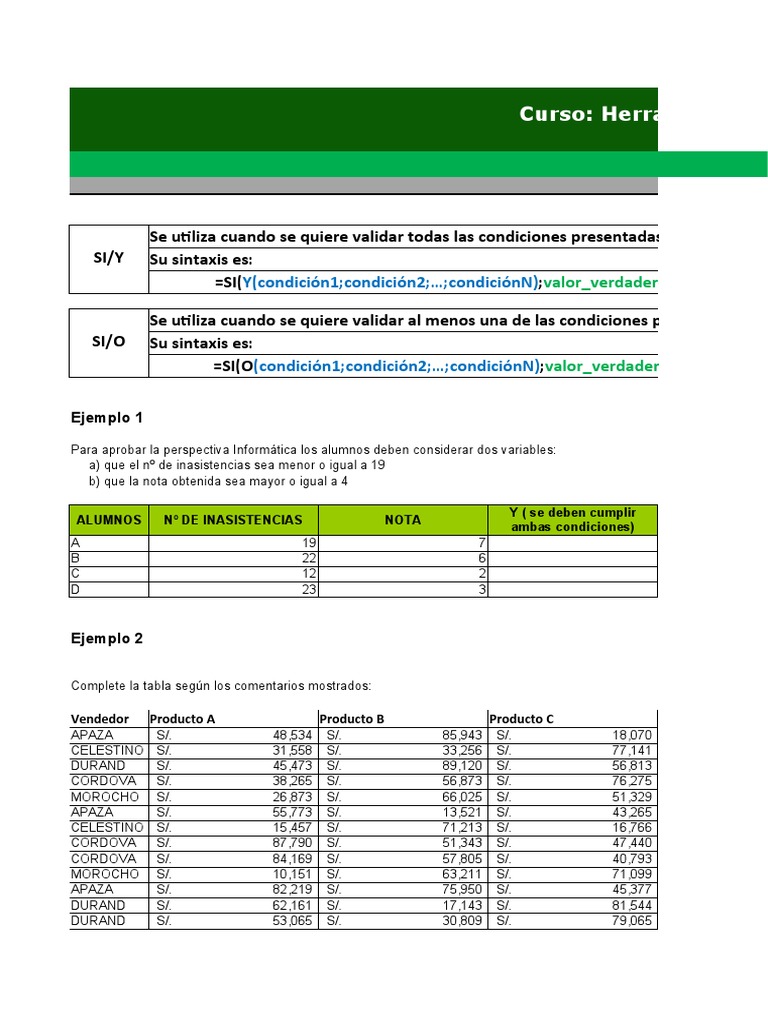 Funciones Lógicas SI/Y y SI/O en Excel | PDF