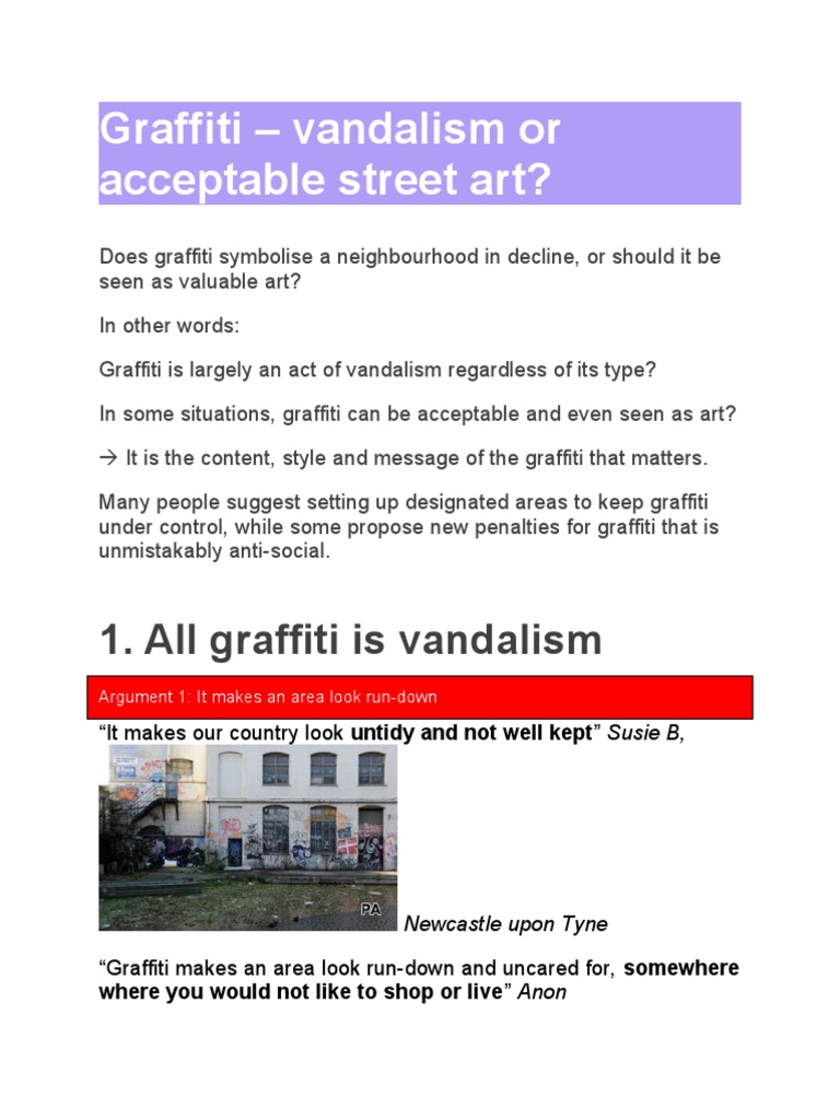 Graffiti - Vandalism or Acceptable Street Art? | PDF | Graffiti | Vandalism