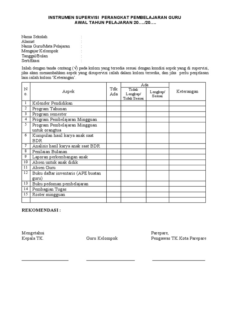 Supervisi Perangkat Pembelajaran Guru PAUD | PDF