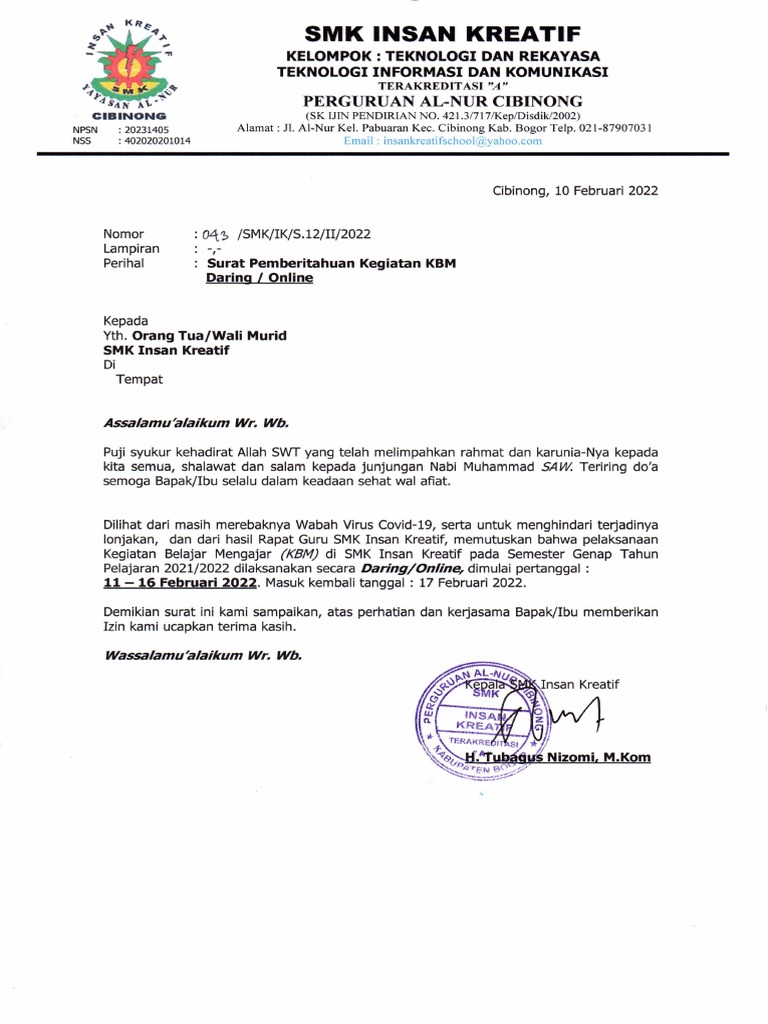 Surat Pemberitahuan KBM Daring | PDF