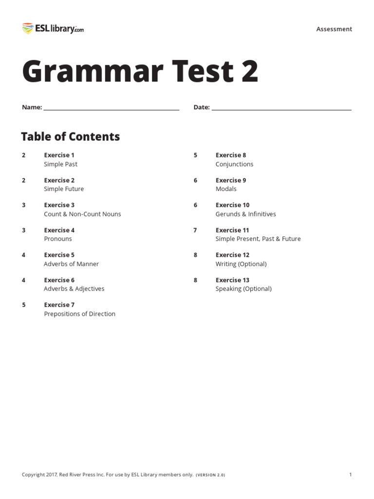 Grammar Test 2: Assessment | PDF | Adverb | Noun